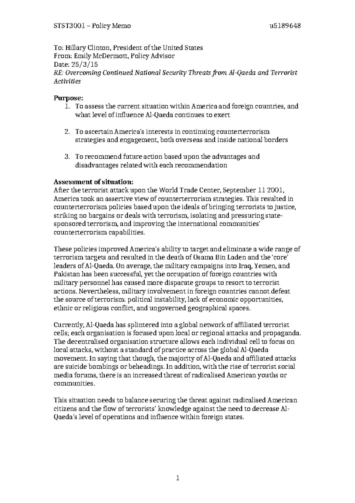 Policy Memo Exemplar 1 - STST3001 – Policy Memo u To: Hillary Clinton ...