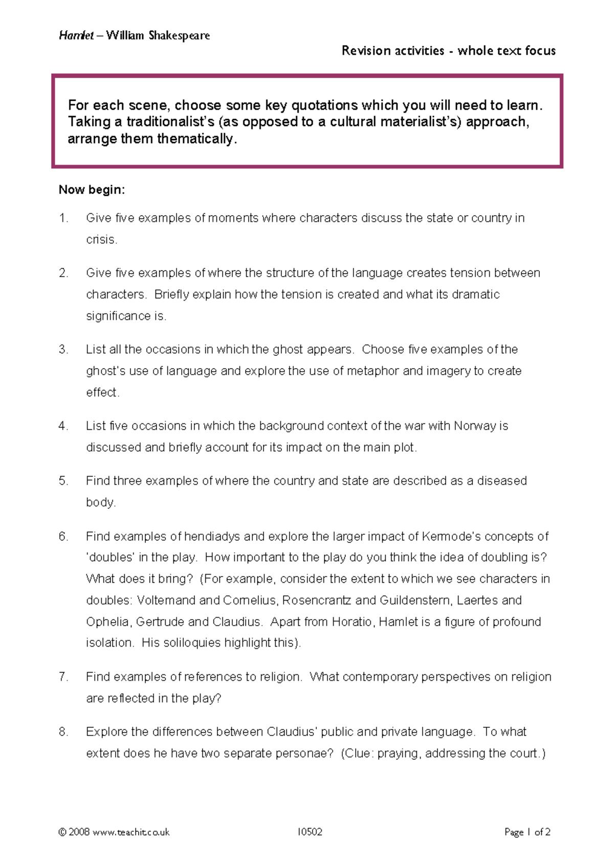 Hamlet revision - Assignment 1 - Hamlet – William Shakespeare Revision ...