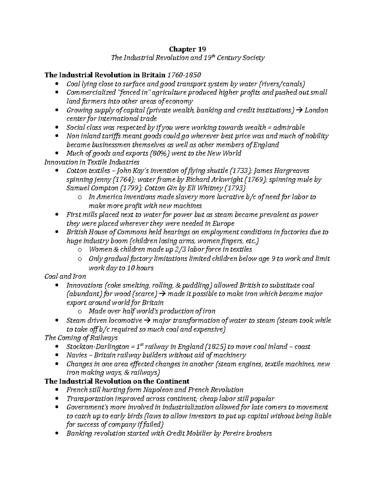 Exam 2 TXBK Notes - Chapter 19 The Industrial Revolution and 19th ...