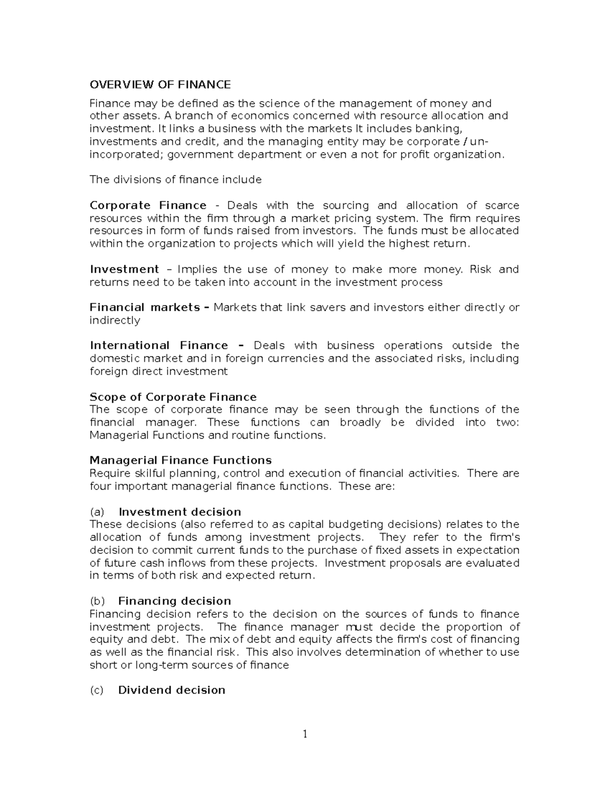 Overview OF Finance - OVERVIEW OF FINANCE Finance may be defined as the ...