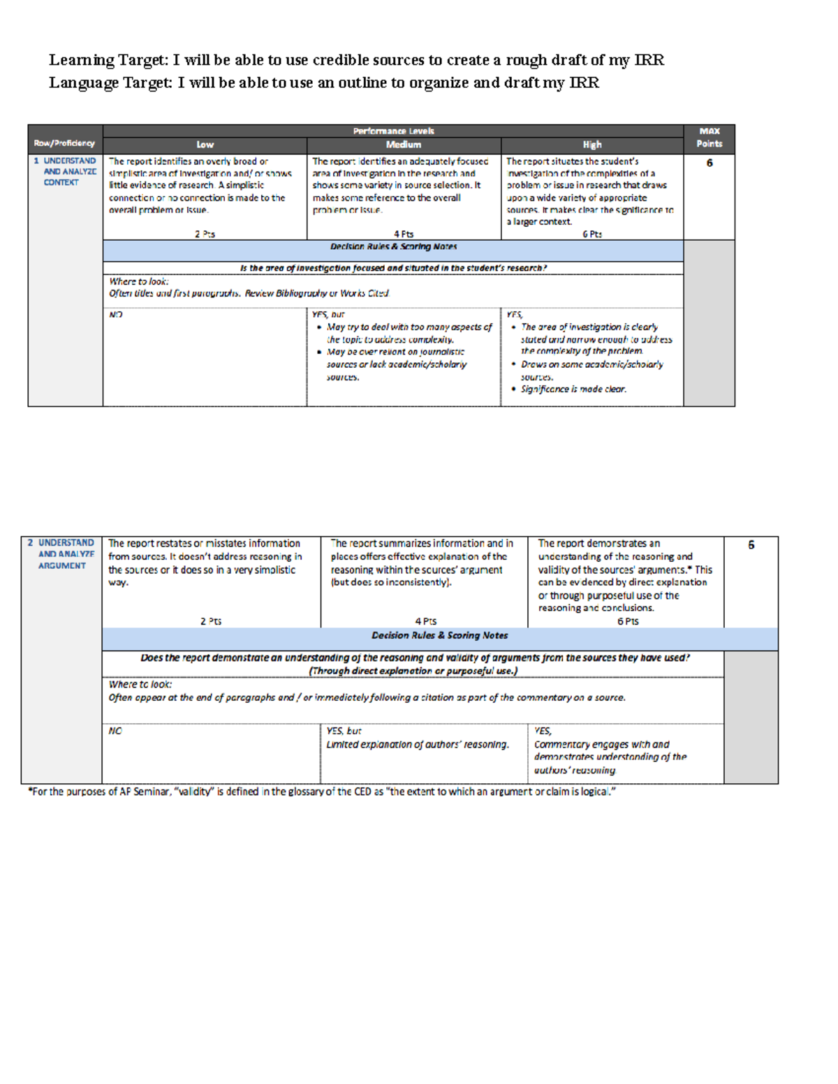 Ricardo Puma - Outline A IRR - Learning Target: I will be able to use ...