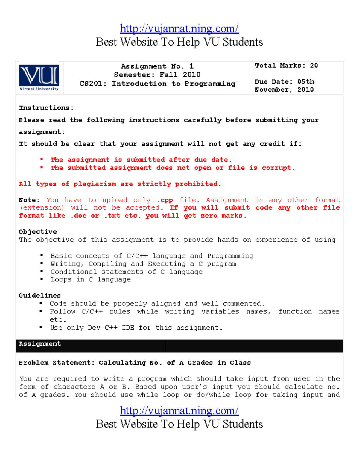 Cs201 Assignment Solution - Best Website To Help VU Students Assignment No. 1 Semester: Fall ...