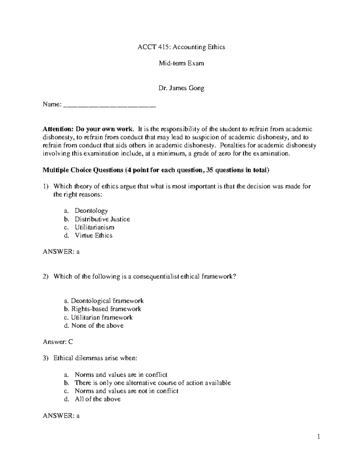 415 practice exam 2015 fall - ACCT 415: Accounting Ethics Mid-term Exam ...