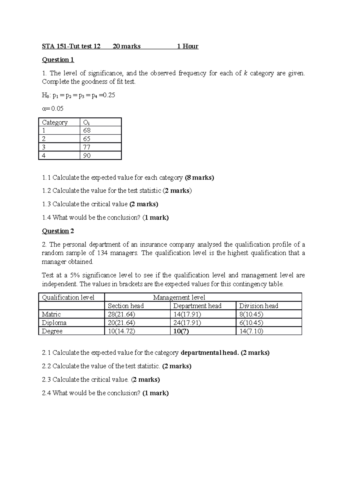 Tut test 12-2018 - Use as tutorial - STA 151-Tut test 12 20 marks 1 ...