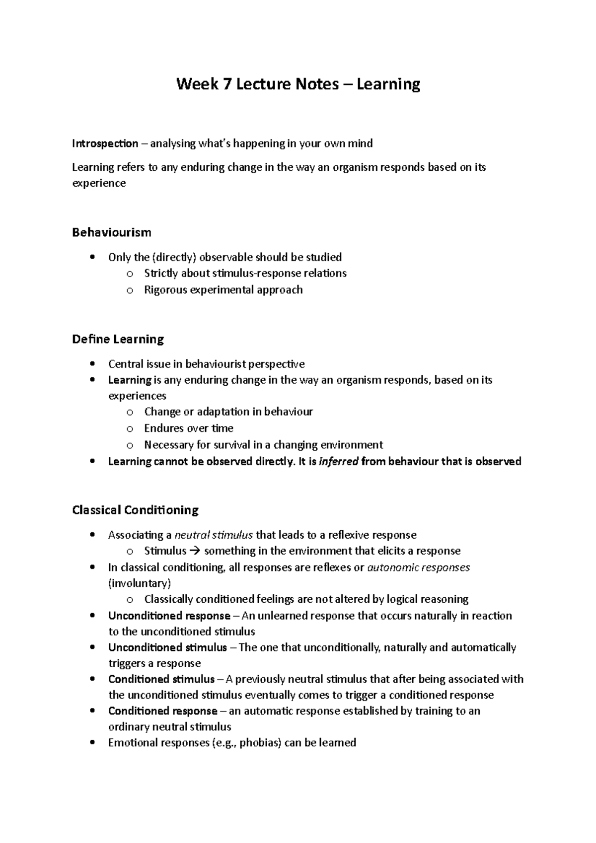 Week 7 Lecture Notes - Learning - Week 7 Lecture Notes – Learning ...