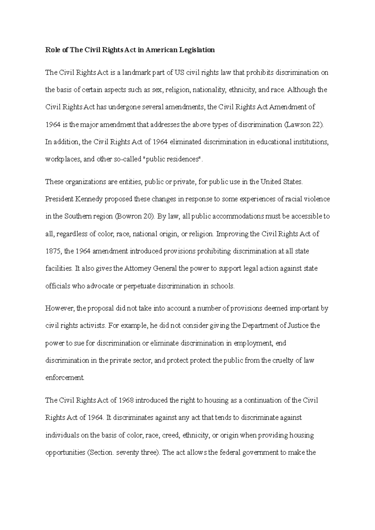 Role of The Civil Rights Act in American Legislation - Although the ...