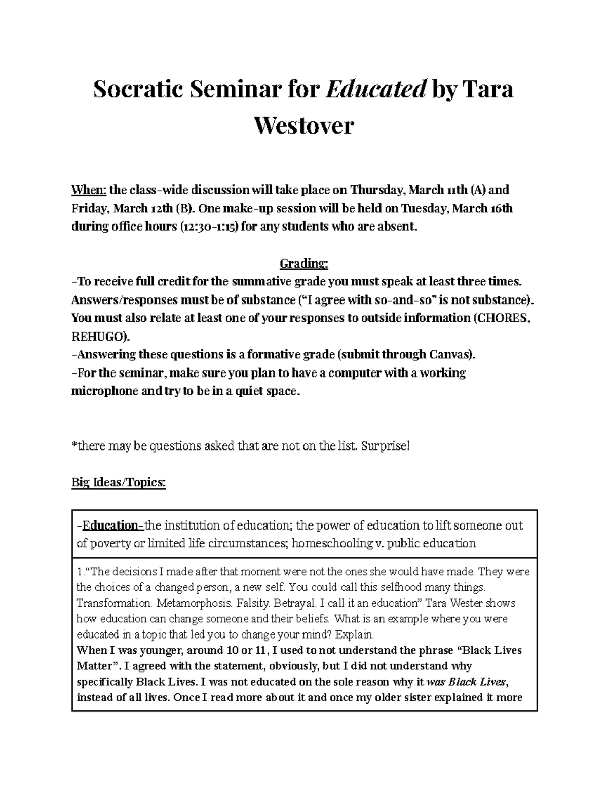 Educated Socratic Seminar Questions - Socratic Seminar for Educated by ...