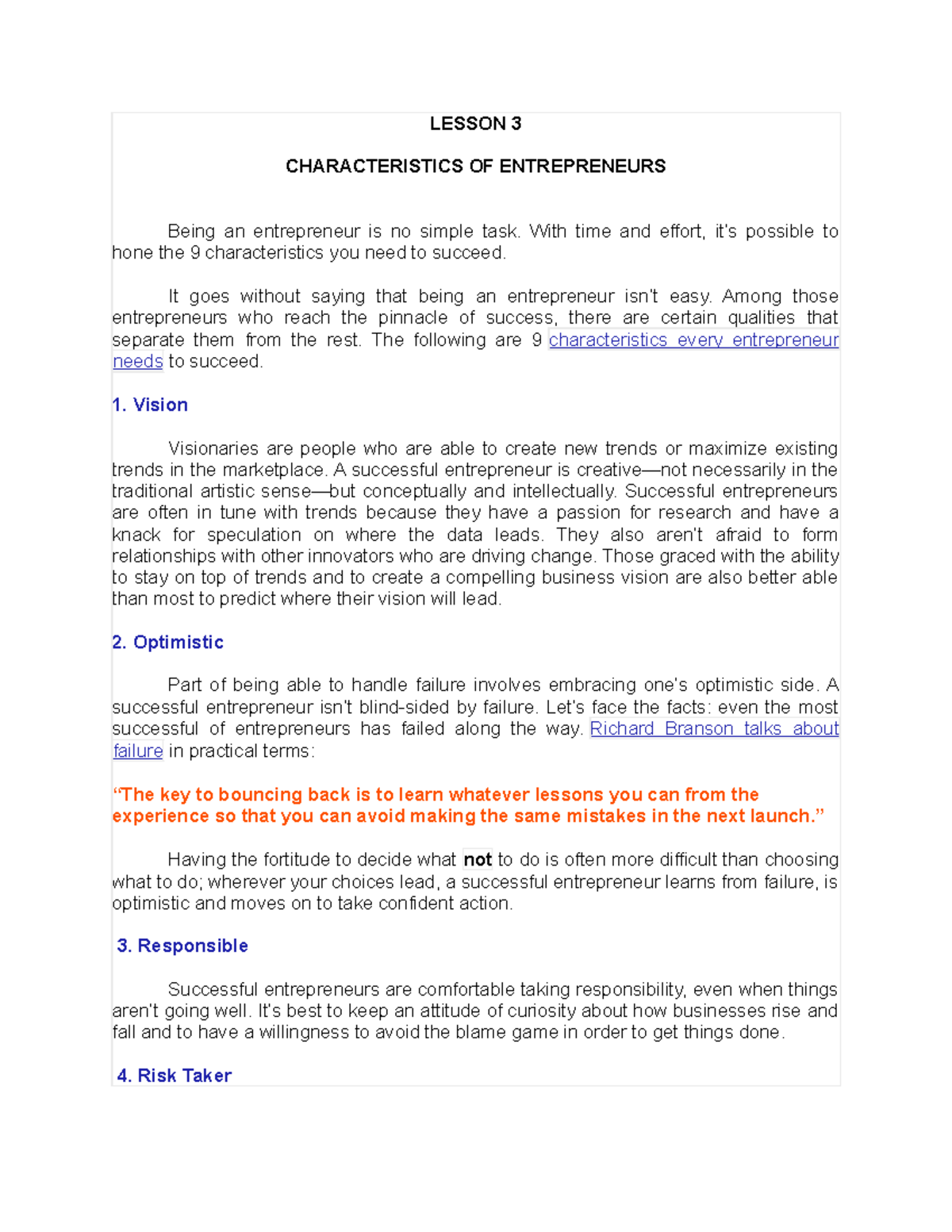 Lesson 3 - Characteristics OF Entrepreneurs - LESSON 3 CHARACTERISTICS ...