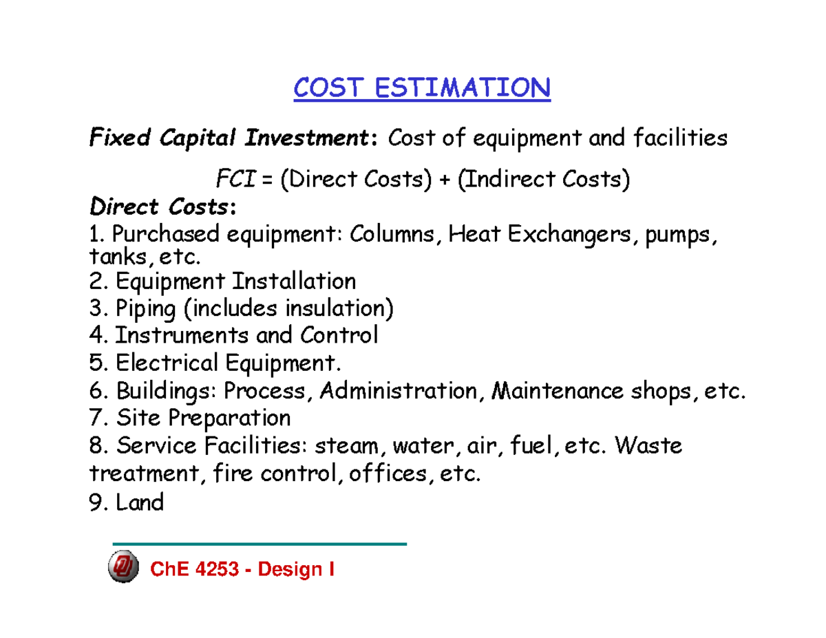 COST Estimation - Notes - COST ESTIMATION ####### Fixed Capital ...