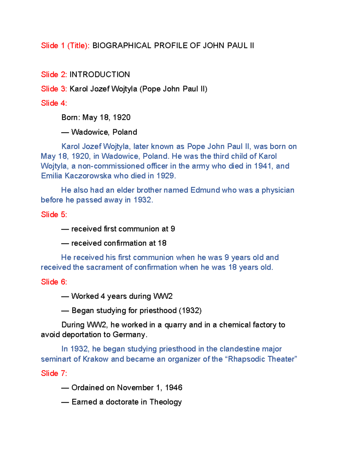 Biographical Profile OF JOHN PAUL II - Slide 1 (Title): BIOGRAPHICAL ...