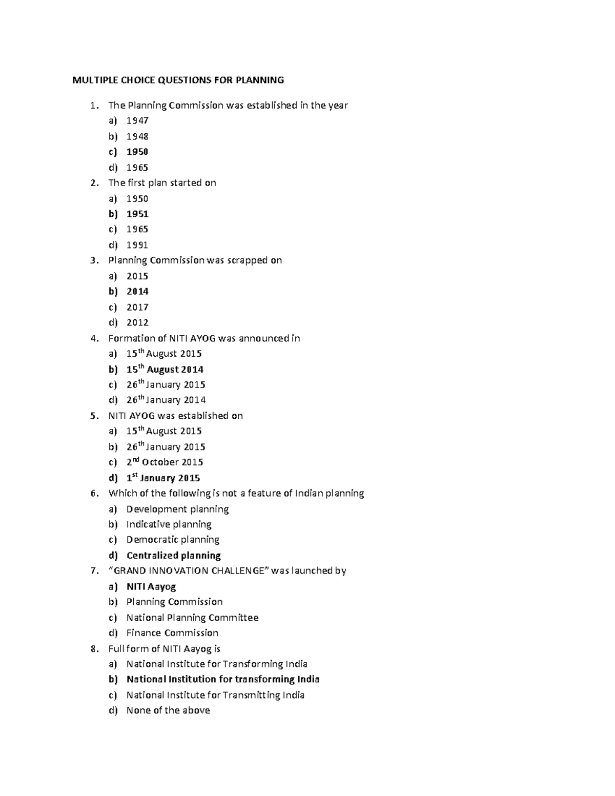MCQs for Planning - MULTIPLE CHOICE QUESTIONS FOR PLANNING The Planning Commission was ...