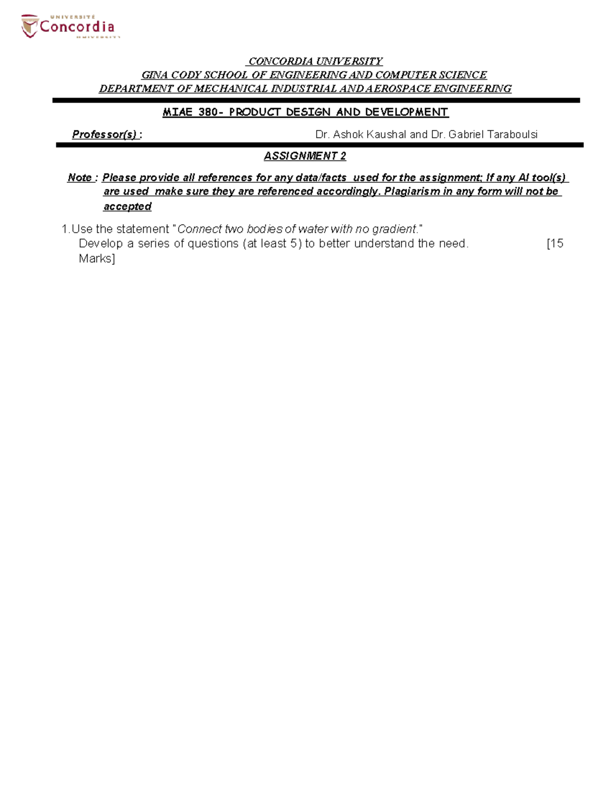 Assignment 2 Jan 2024 - CONCORDIA UNIVERSITY GINA CODY SCHOOL OF ENGINEERING AND COMPUTER ...