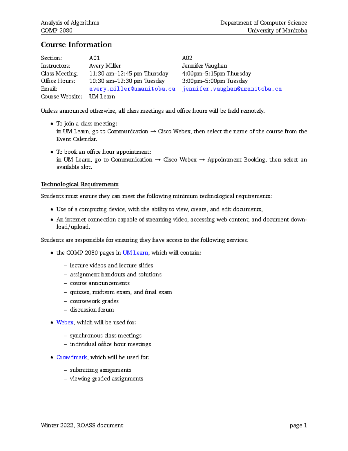 Syllabus Roass - Winter 2022 - COMP 2080 University of Manitoba Course Information Section: A01 ...