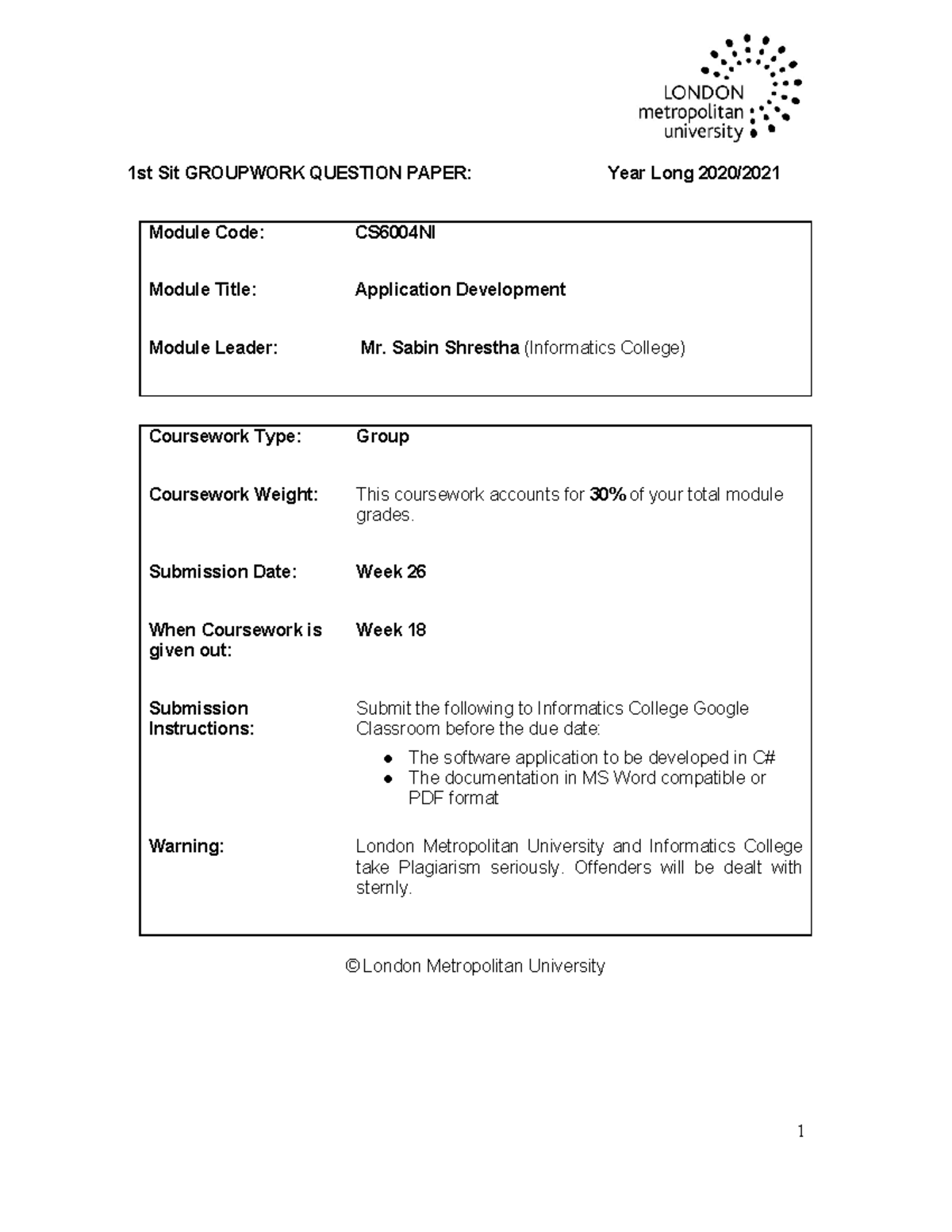 Course Work CS6004NI - 1st Sit GROUPWORK QUESTION PAPER: Module Code ...