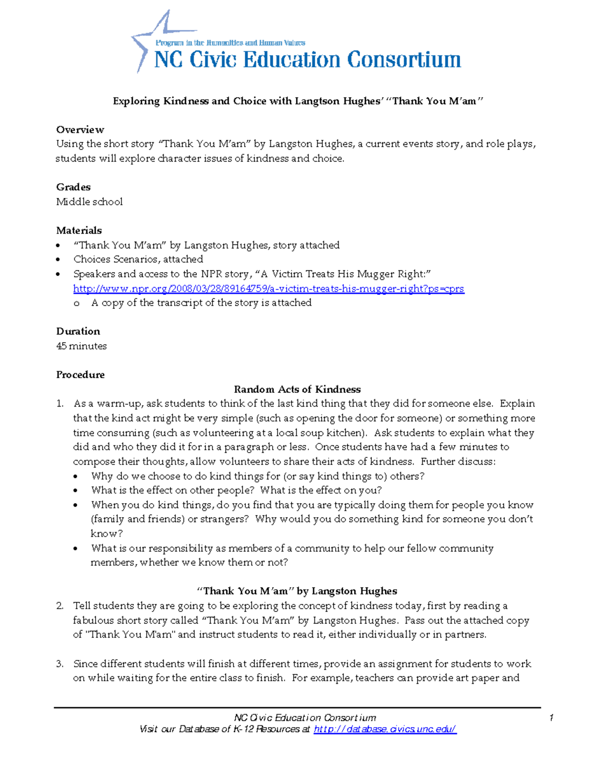 Thank You Mam - Lesson Plan - NC Civic Education Consortium 1 Exploring ...