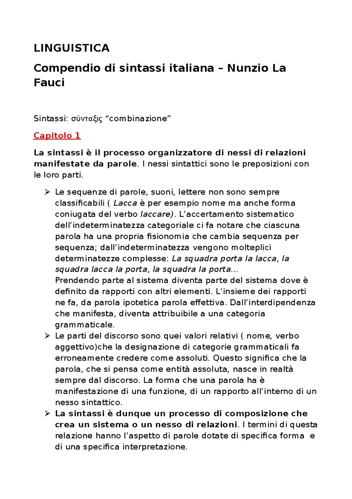 Riassunto Compendio di sintassi italiana - LINGUISTICA Compendio di ...