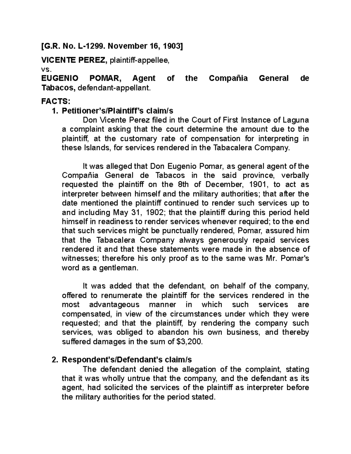 Vicente Perez, plaintiff-appellee, VS. Eugenio Pomar, Agent of the ...