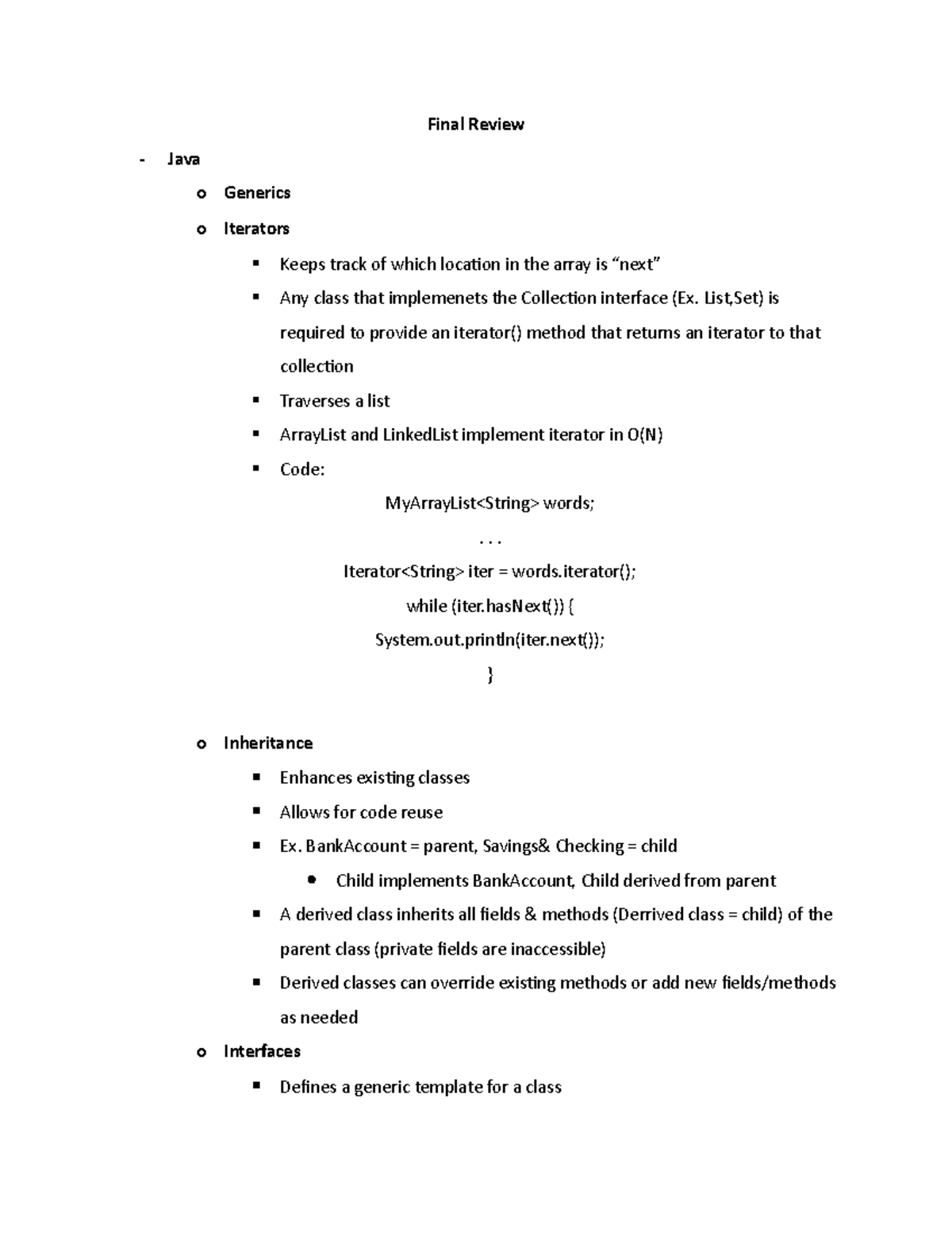 Final Review Outline - Final Review Java o Generics o Iterators Keeps ...