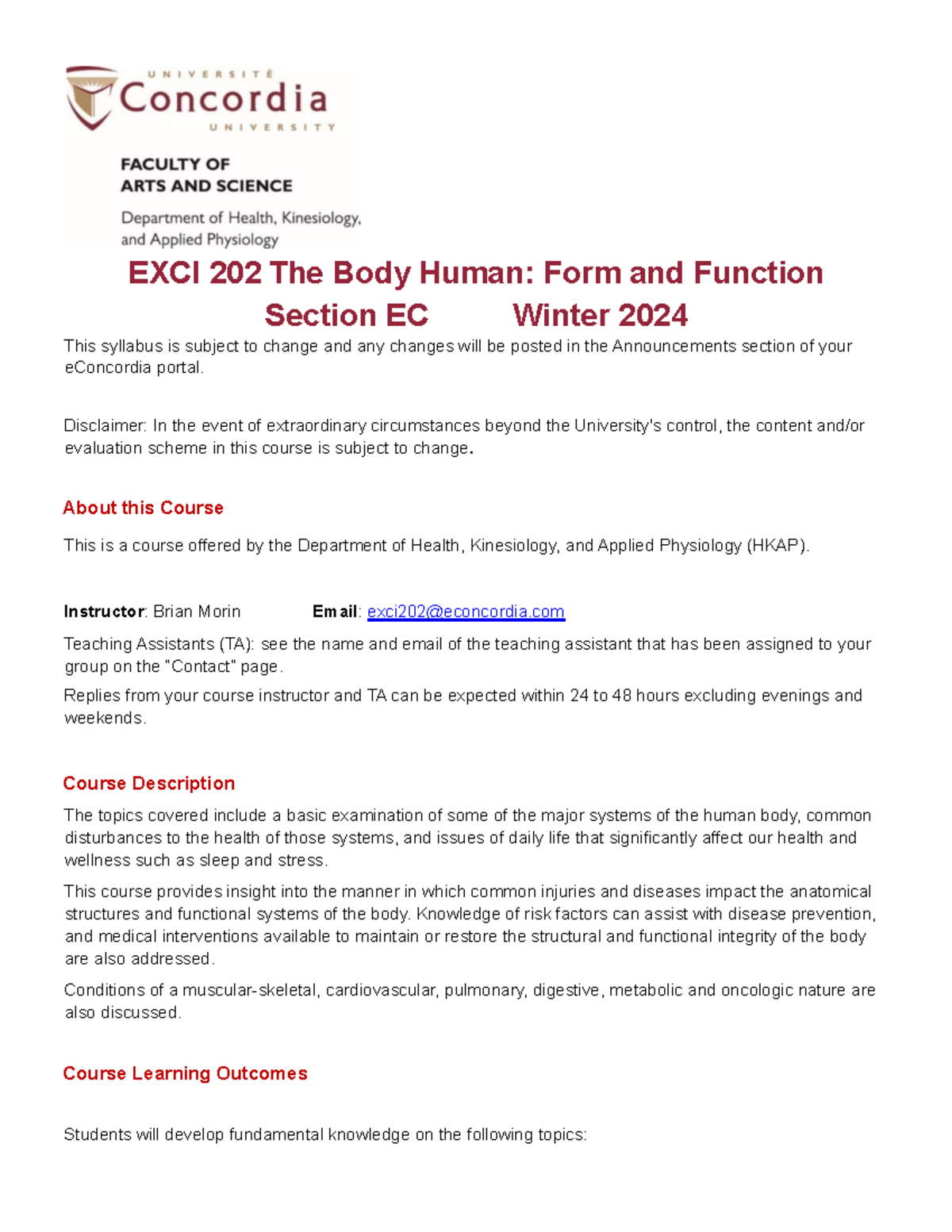 Body human - Course outline 2023/2024 EC - EXCI 202 The Body Human ...