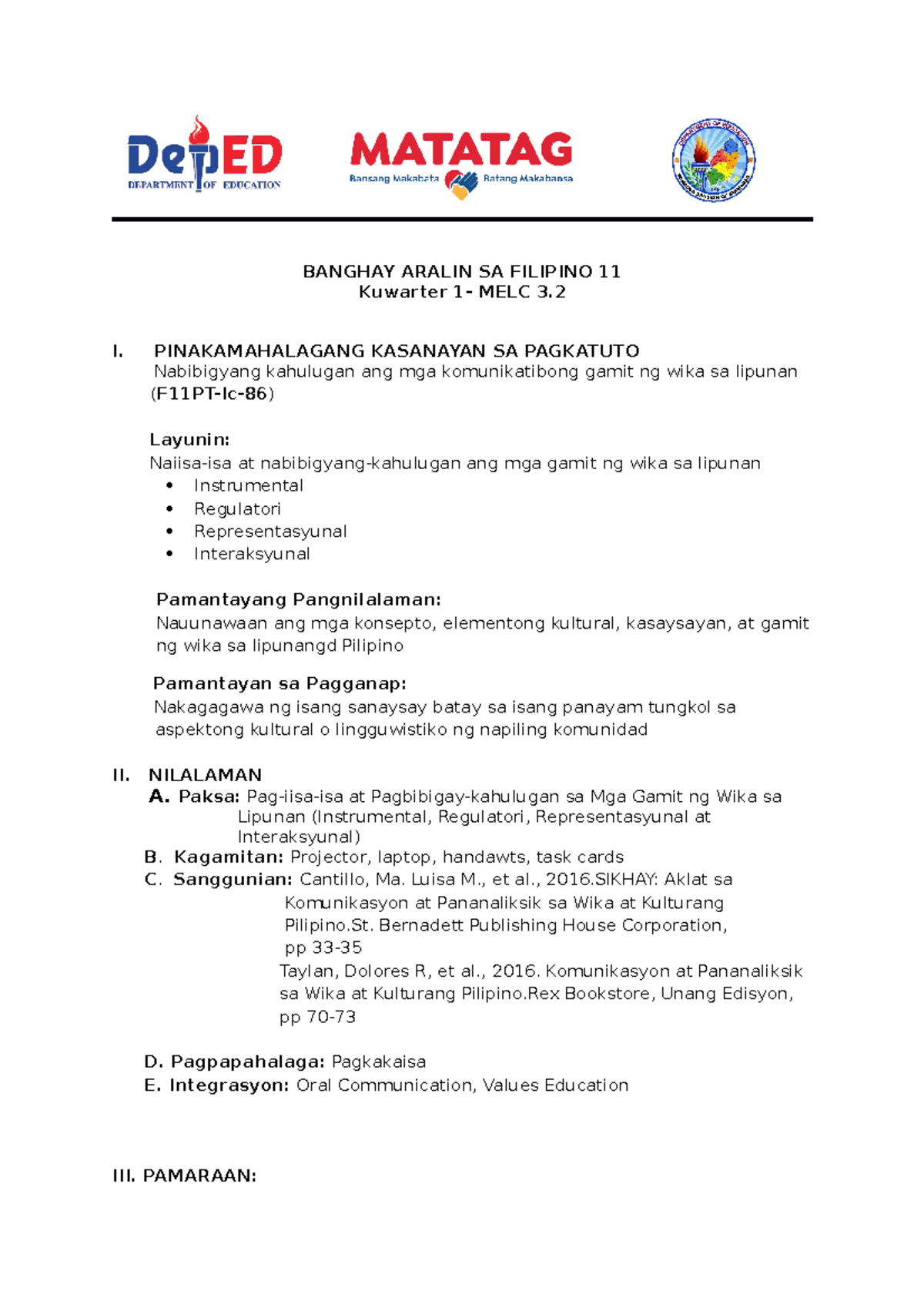Fil11 KOM LP W3 Melc3 - Lesson PLan - BANGHAY ARALIN SA FILIPINO 11 ...