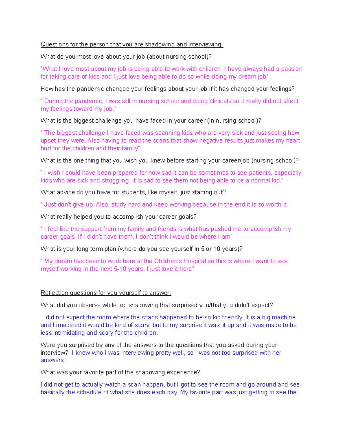 Job Shadow Assignment - Questions for the person that you are shadowing ...