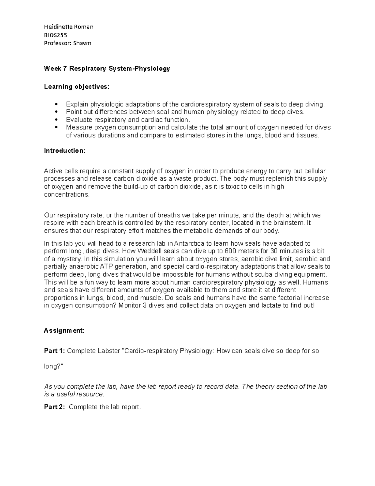 Bios255 Lab week 7 - lab - BIOS Professor: Shawn Week 7 Respiratory ...