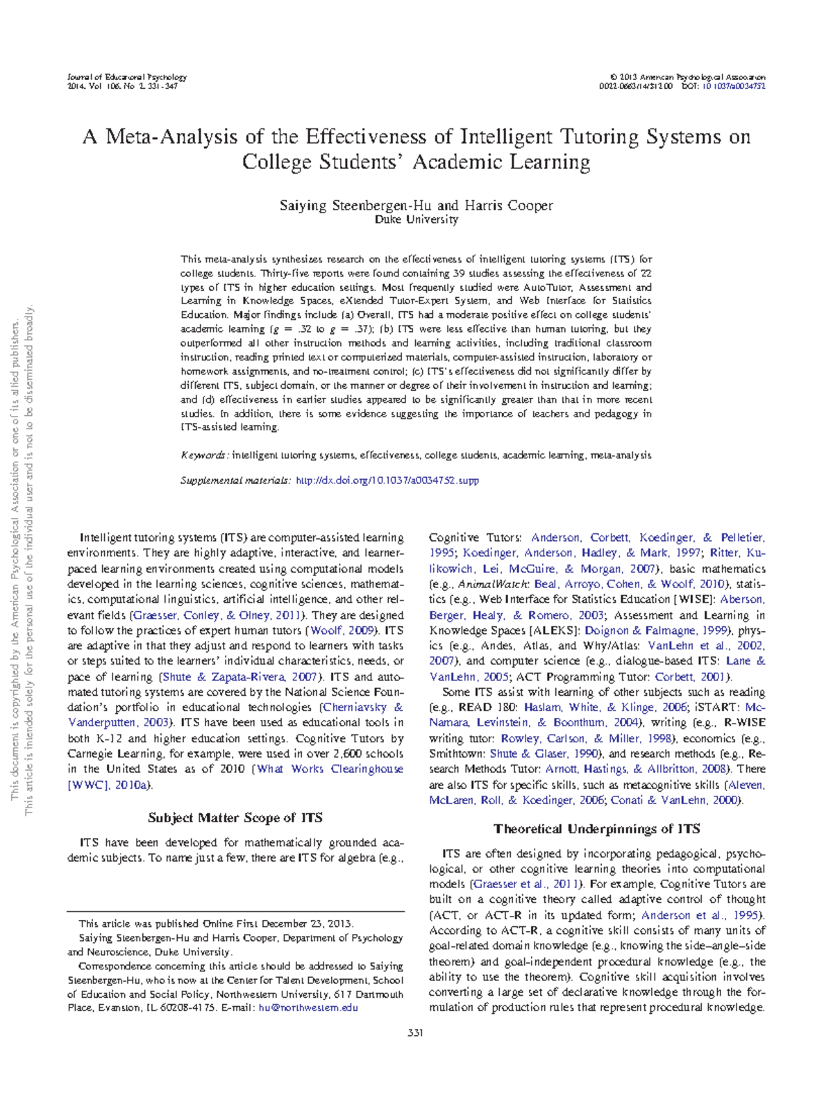 A Meta-Analysis of the Effectiveness of Intelligent Tutoring Systems on ...
