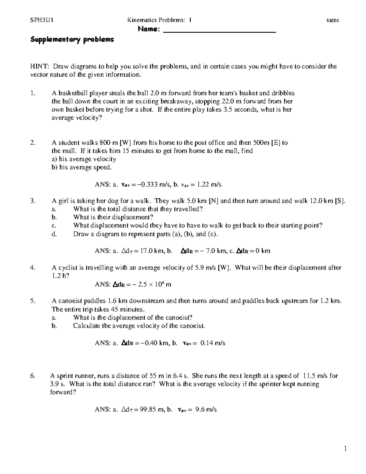 Kinematics Supplementary problems-questions with final answer included ...