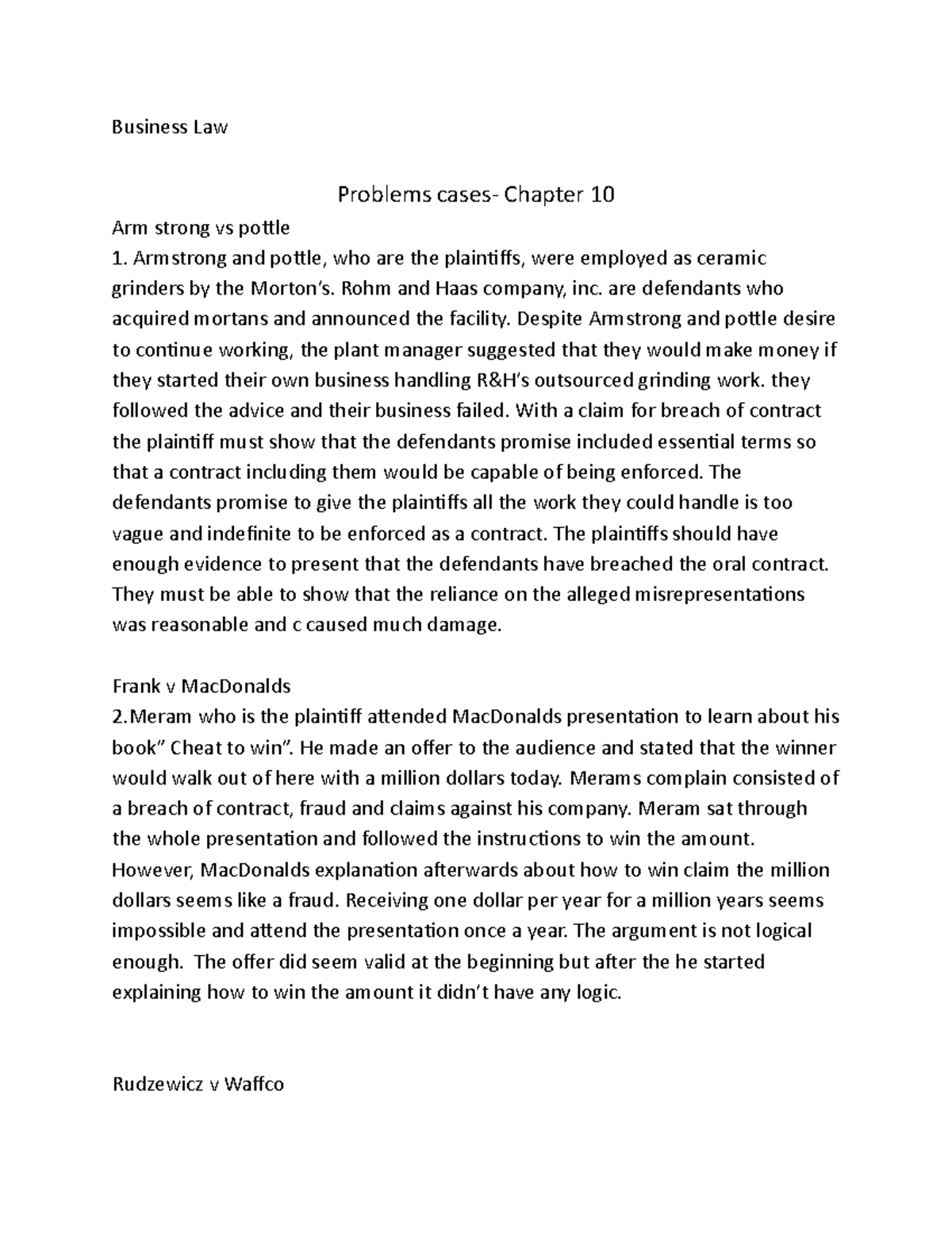 Probelm case notes ch10 - Business Law Problems cases- Chapter 10 Arm ...