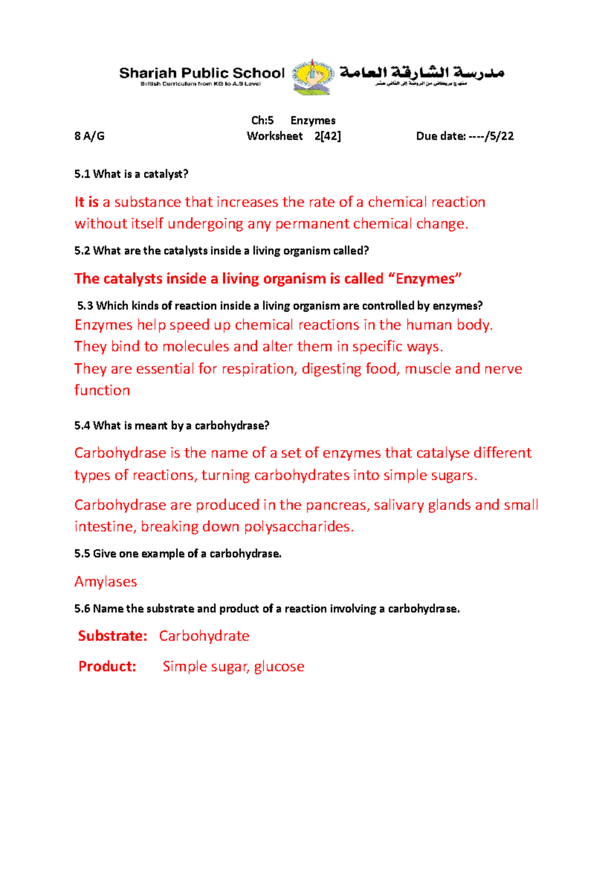 Ch 5 Enzymes Worksheet 2 ans - Ch:5 Enzymes 8 A/G Worksheet 2[42] Due ...
