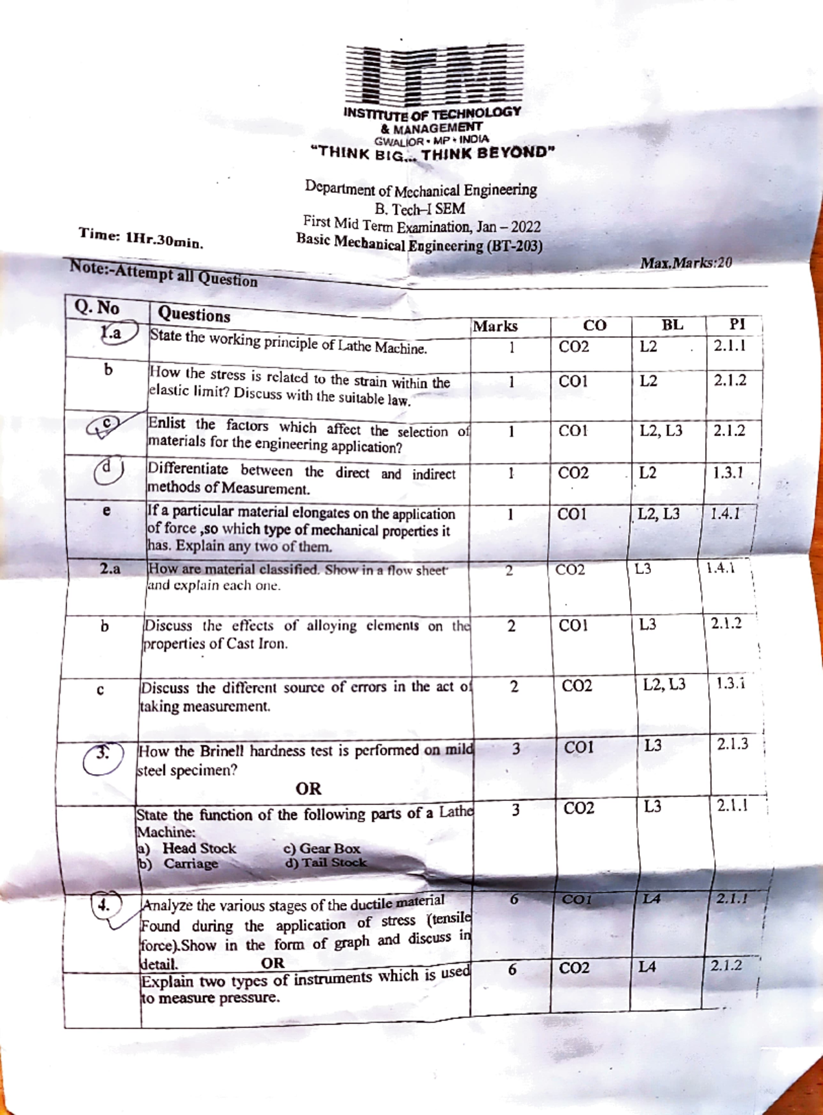 ITM Gwalior Mid Term 1 BT-203 Question Paper January 2022 - Time: 1Hr ...