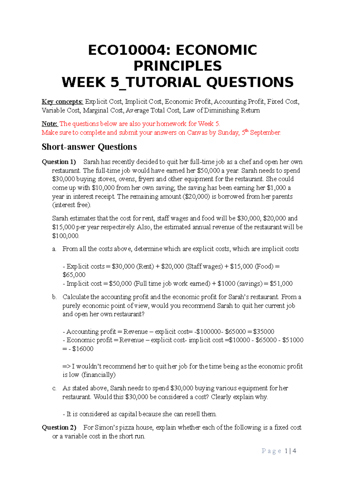 Week 5 Tutorial Questions - ECO10004: ECONOMIC PRINCIPLES WEEK 5_TUTORIAL QUESTIONS Key concepts ...