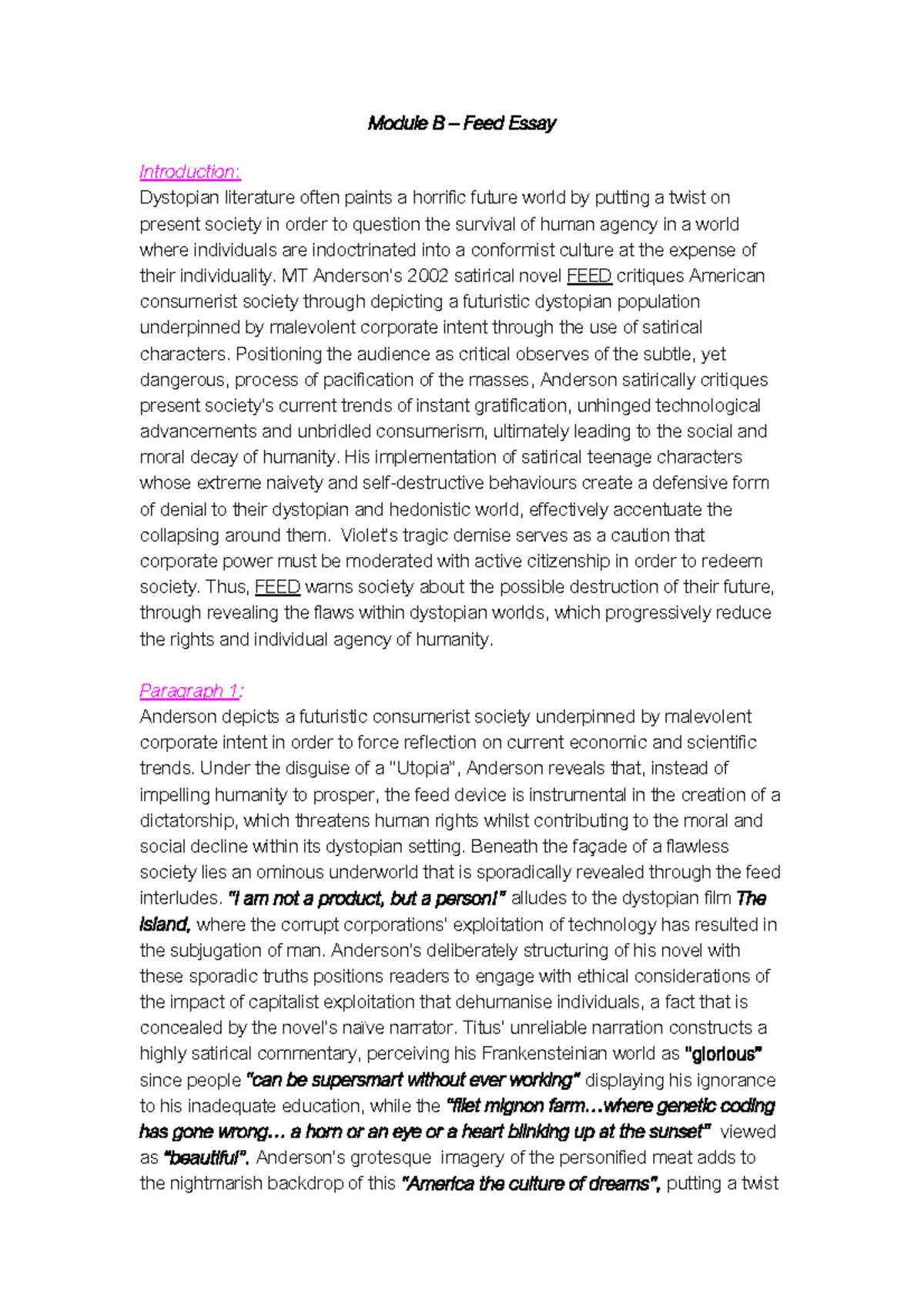 Module B – Feed Essay - Module B – Feed Essay Introduction: Dystopian ...