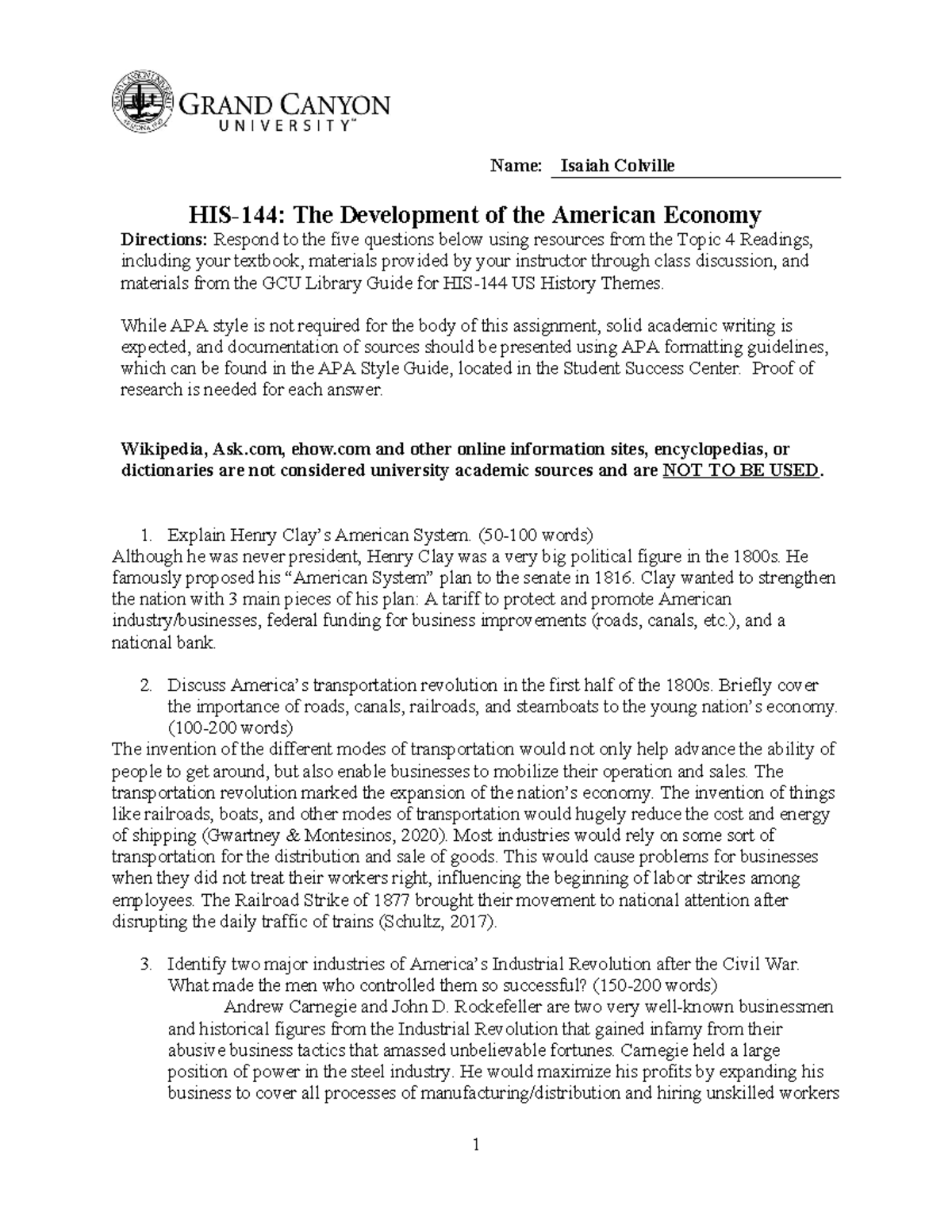 Development of the American Economy Worksheet - Name: Isaiah Colville ...