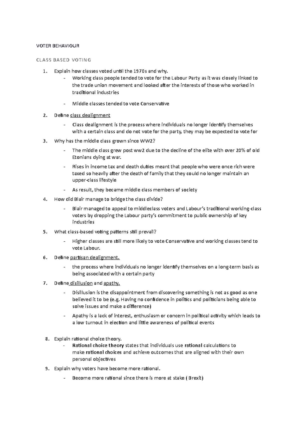 Voter behaviour - doc - VOTER BEHAVIOUR CLASS BASED VOTING Explain how ...