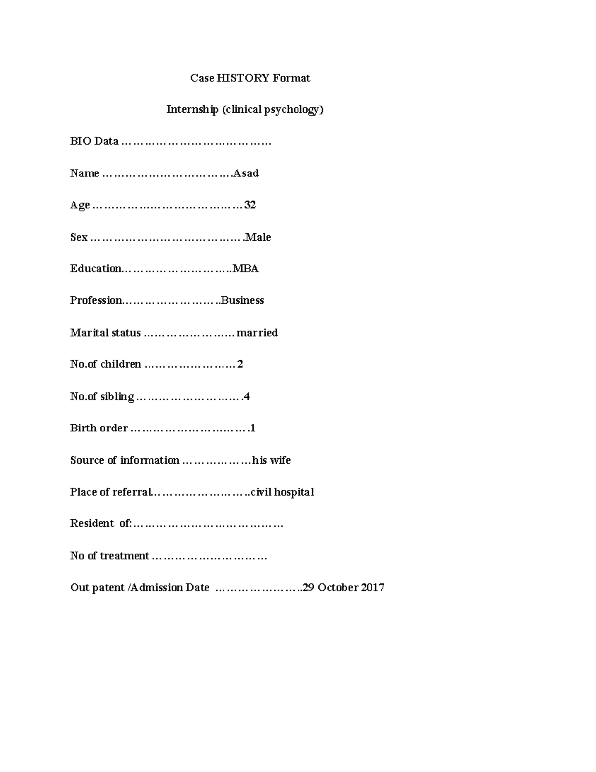 Case History Format Internship clinical - Case HISTORY Format ...