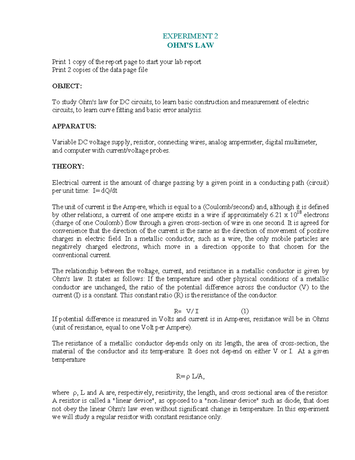 281 Lab 2 Ohms law - EXPERIMENT 2 OHM'S LAW Print 1 copy of the report ...
