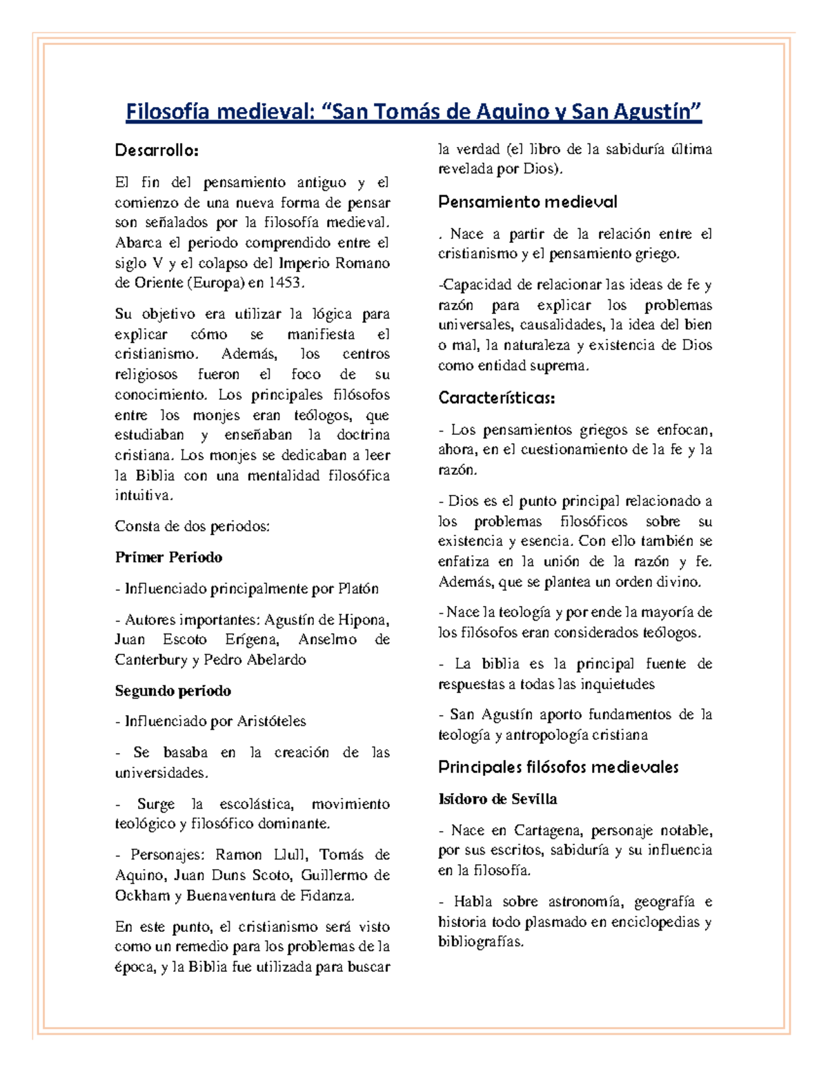 Filosofía medieval San Tomás de Aquino y San Agustín resumen - Filosofía medieval: “San Tomás de ...