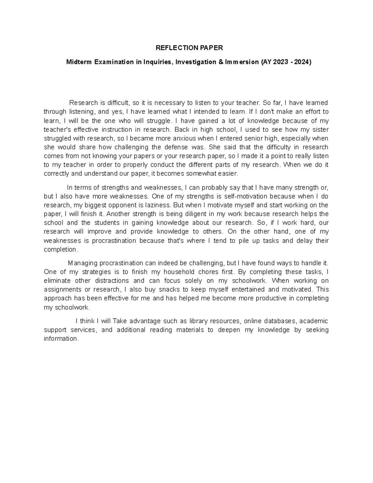 Inbound 1181299391153544690 - REFLECTION PAPER Midterm Examination in ...