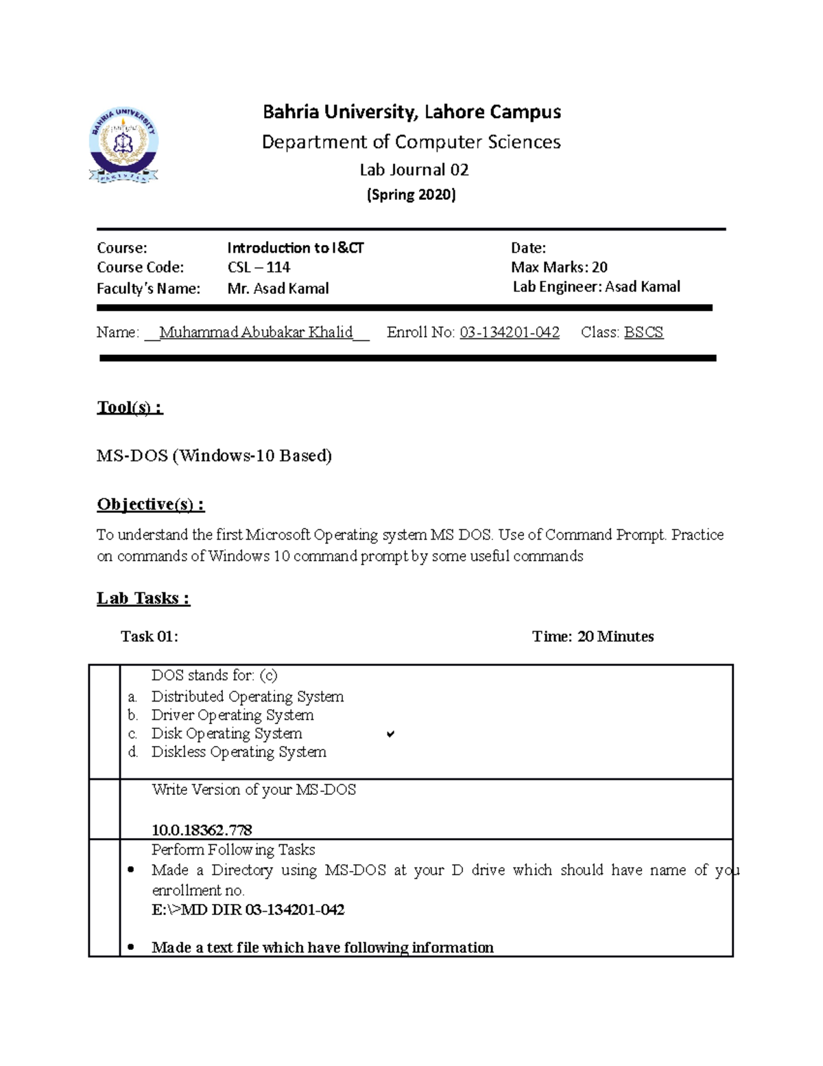 ICT Lab 2 - MS DOS - Lecture notes 2 - Bahria University, Lahore Campus ...