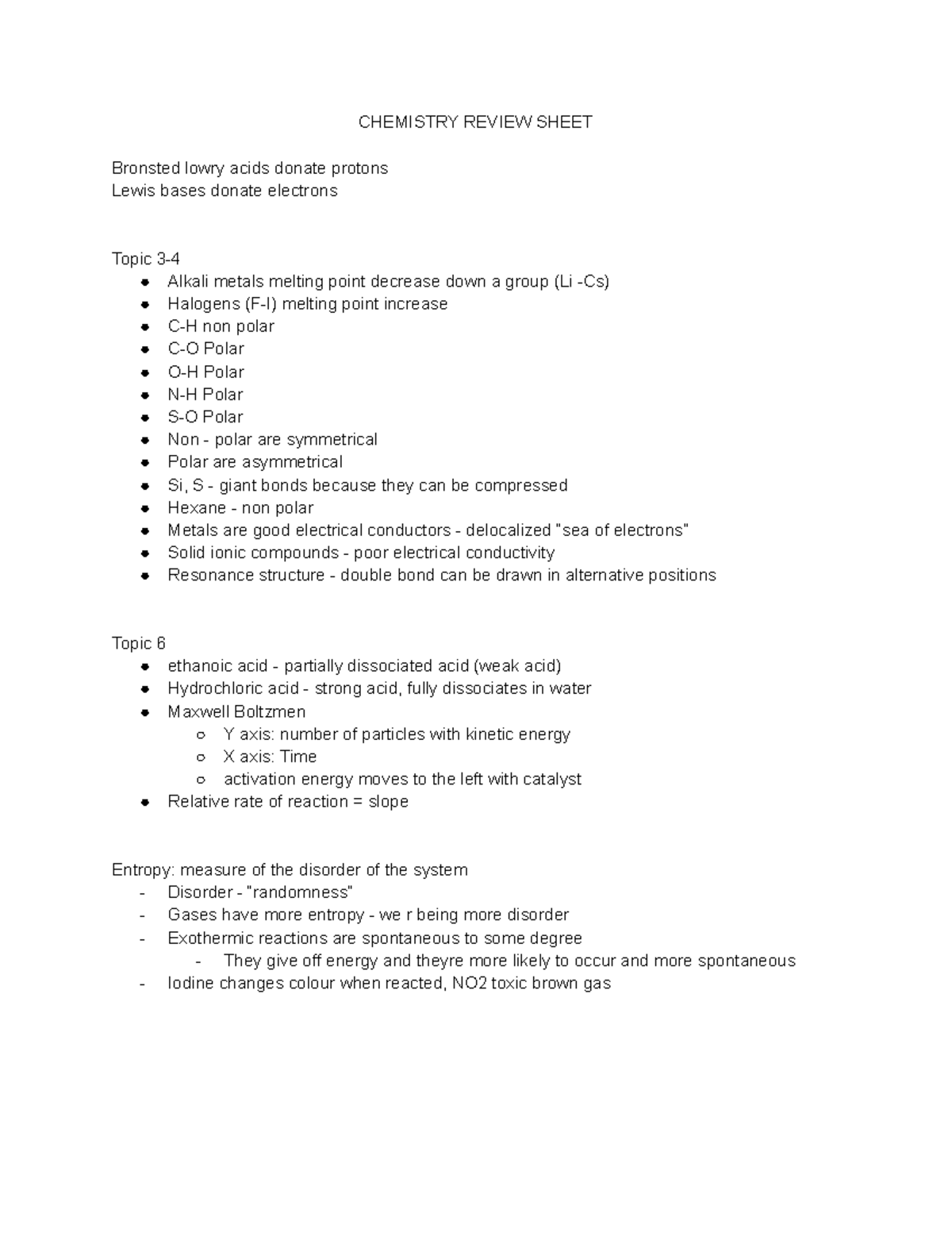 Chemistry review sheet - CHEMISTRY REVIEW SHEET Bronsted lowry acids ...