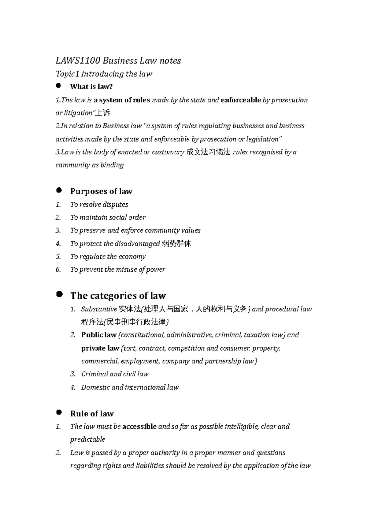 LAWS1100 Business Law - Lecture notes 1-7 - LAWS1100 Business Law notes ...