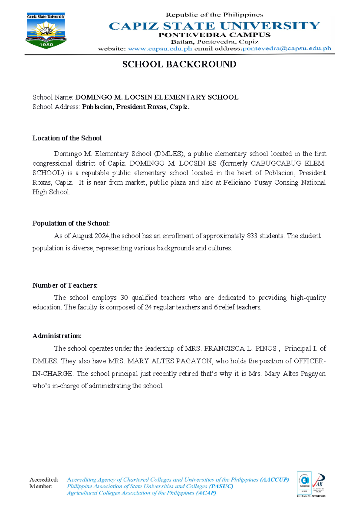School bacground - SCHOOL BACKGROUND School Name: DOMINGO M. LOCSIN ...