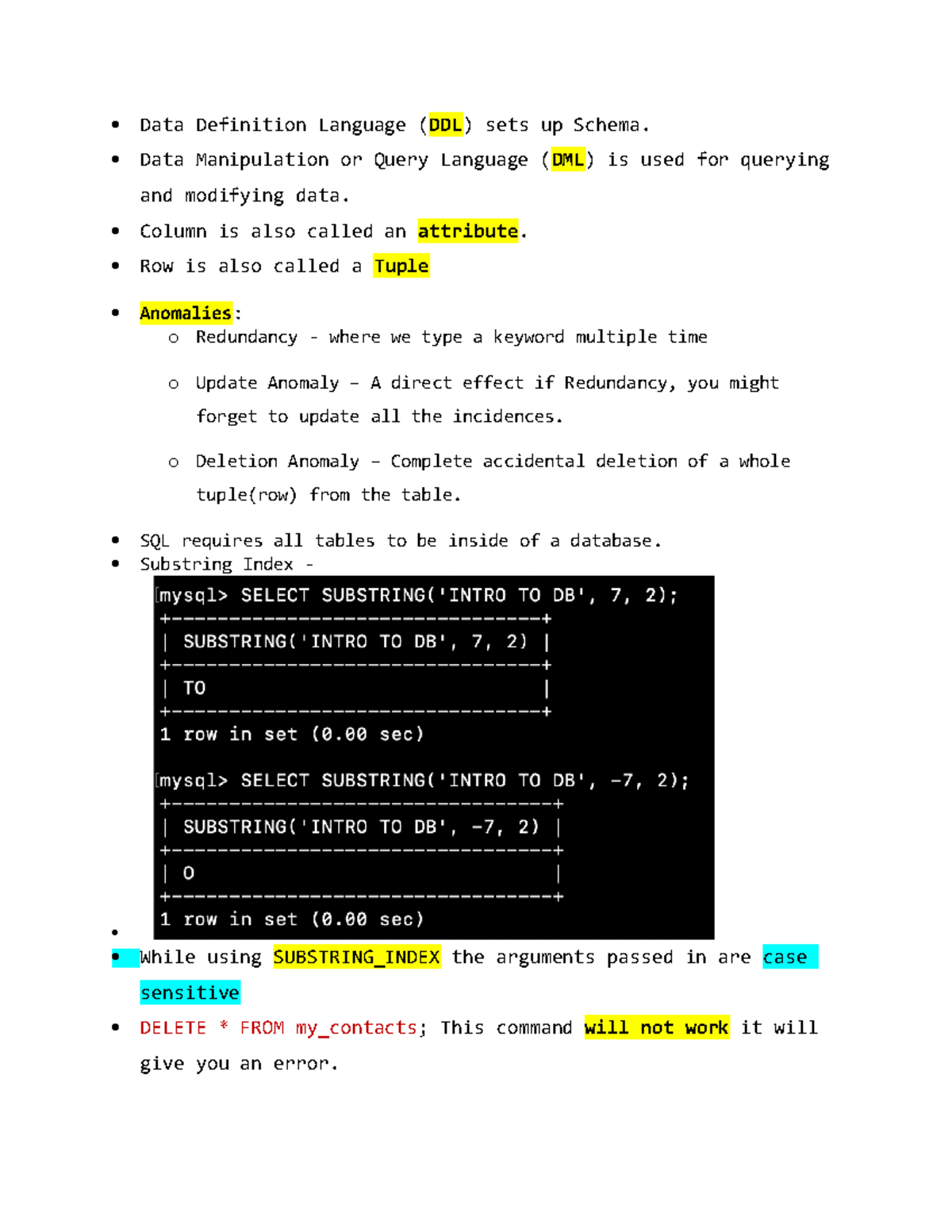 Midterm EXAM revision - Prof. Hidalgo - Data Definition Language (DDL ...