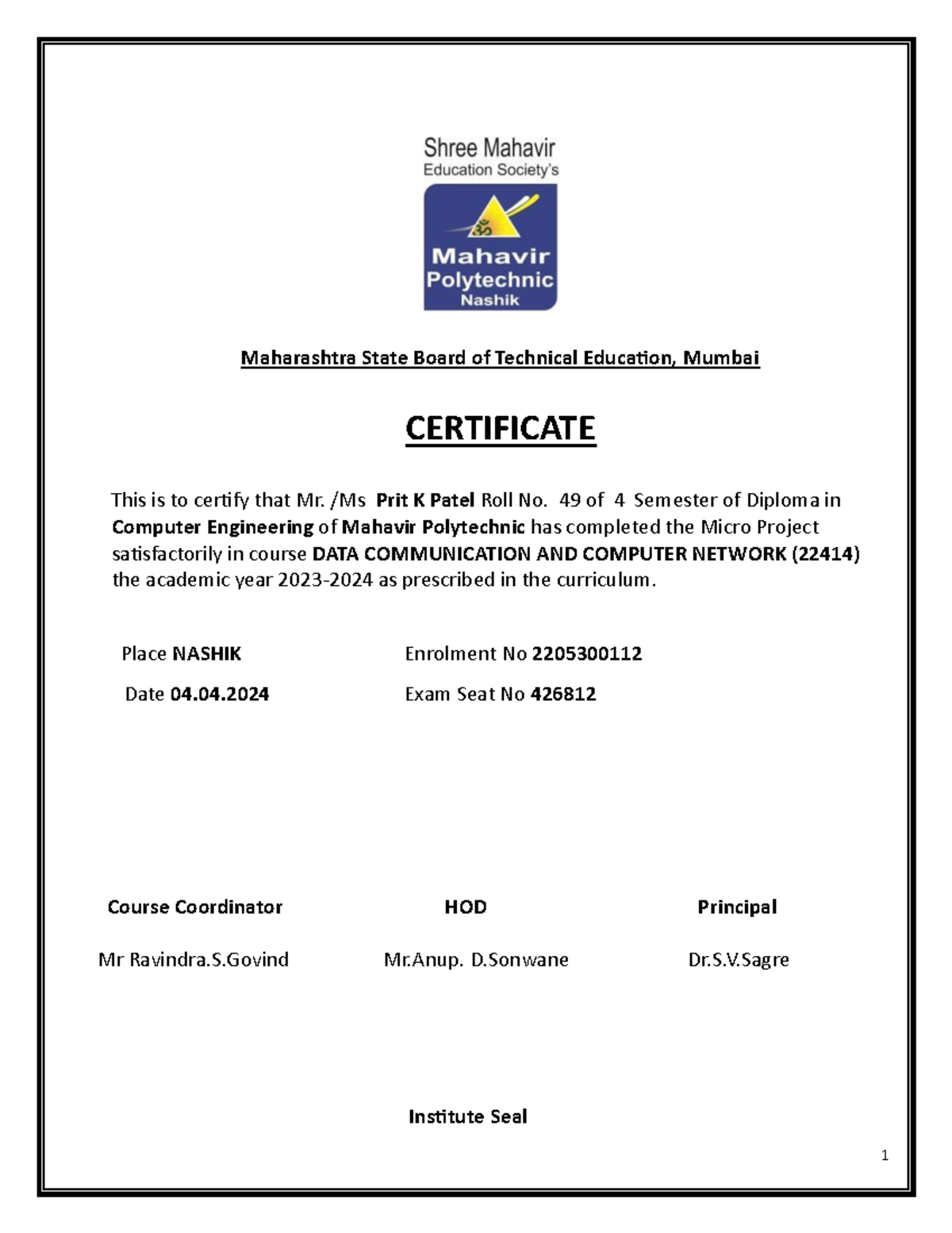 Prit DCC certificate - data communication - 1 Maharashtra State Board ...