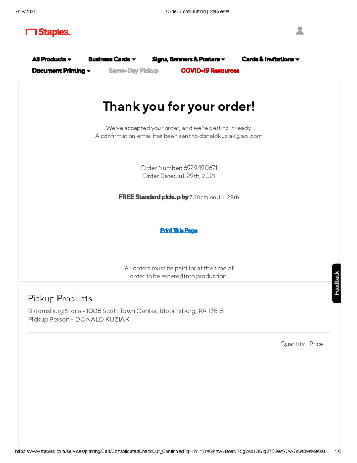 Order Confirmation Staples® - Thank you for your order! We've accepted ...