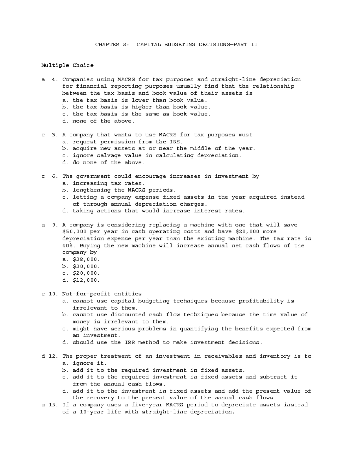 6 Capital Budget Testbank C - CHAPTER 8: CAPITAL BUDGETING DECISIONS ...