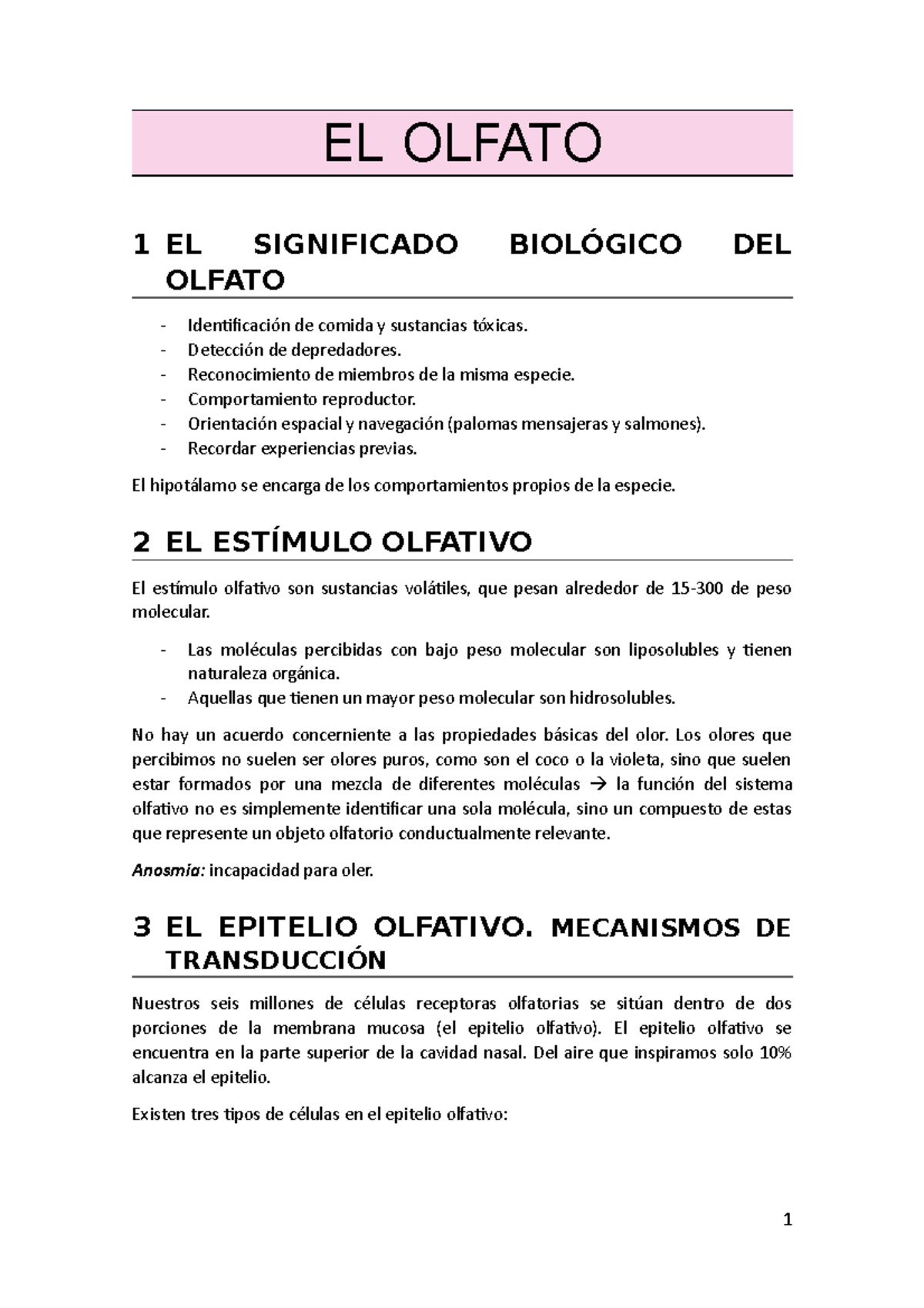 EL Olfato - Apuntes 1 - EL OLFATO 1 EL SIGNIFICADO BIOLÓGICO DEL OLFATO ...