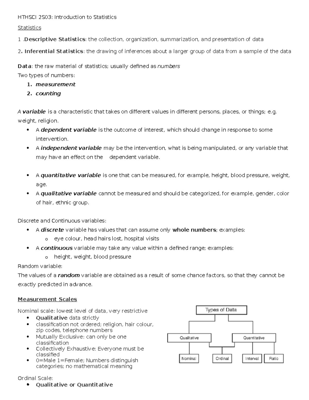 Hthsci 2S03-Statistics Week 1 Notes - HTHSCI 2S03: Introduction to ...