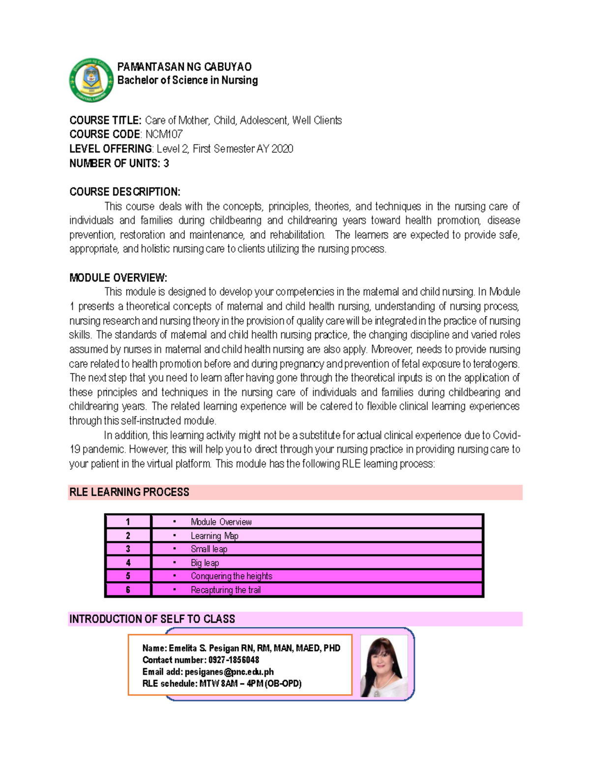 NCM 107 RLE Topic 2 Lecture Notes 2 PAMANTASAN NG CABUYAO Bachelor
